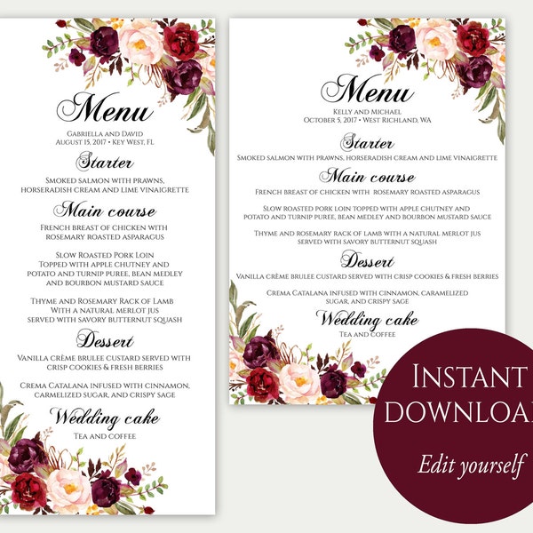 Wedding Menu Template Floral - Etsy
