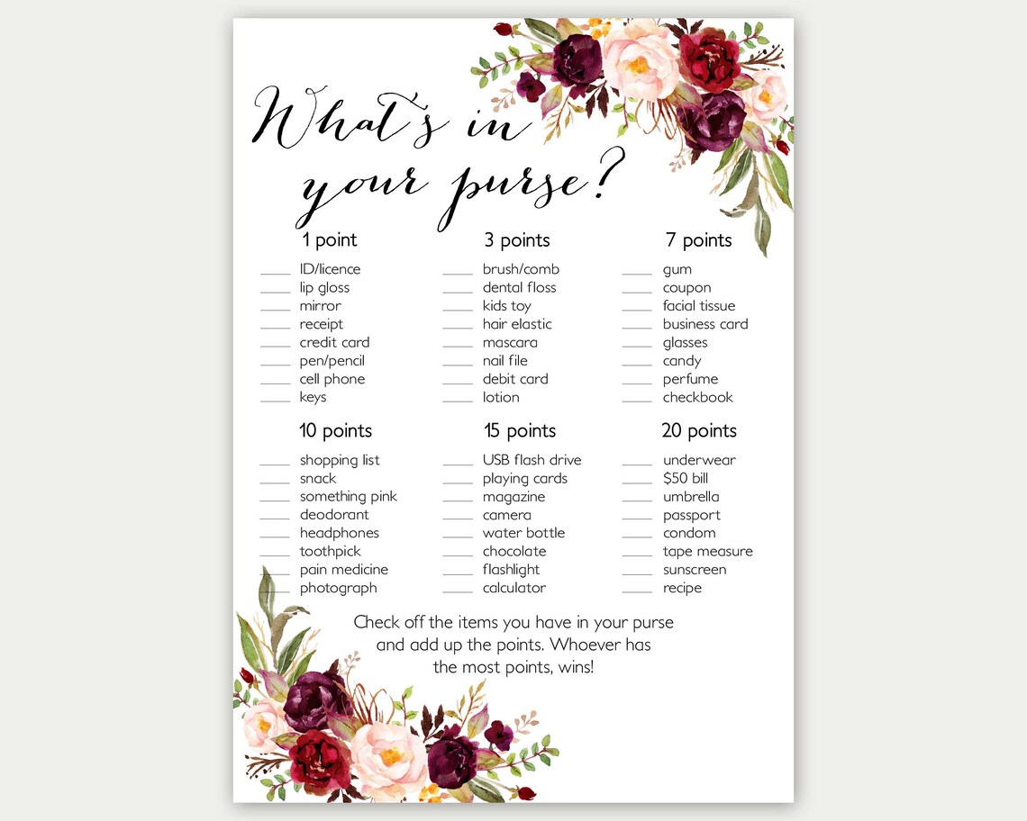 What's in Your Purse Bridal Shower Game Bridal Games - Etsy Canada