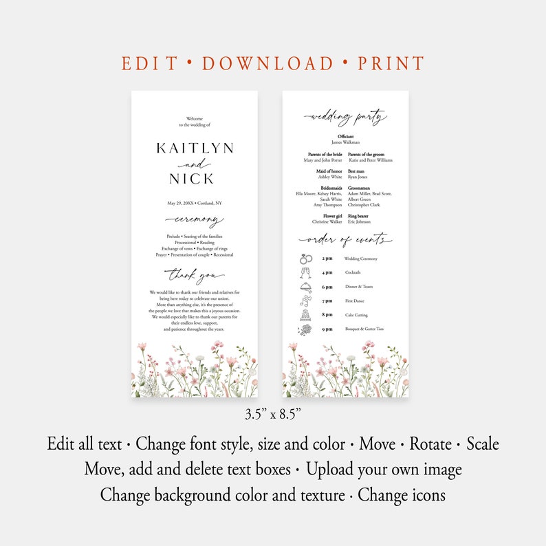 Wildflower Wedding Program Template Spring Wedding Program Summer ...