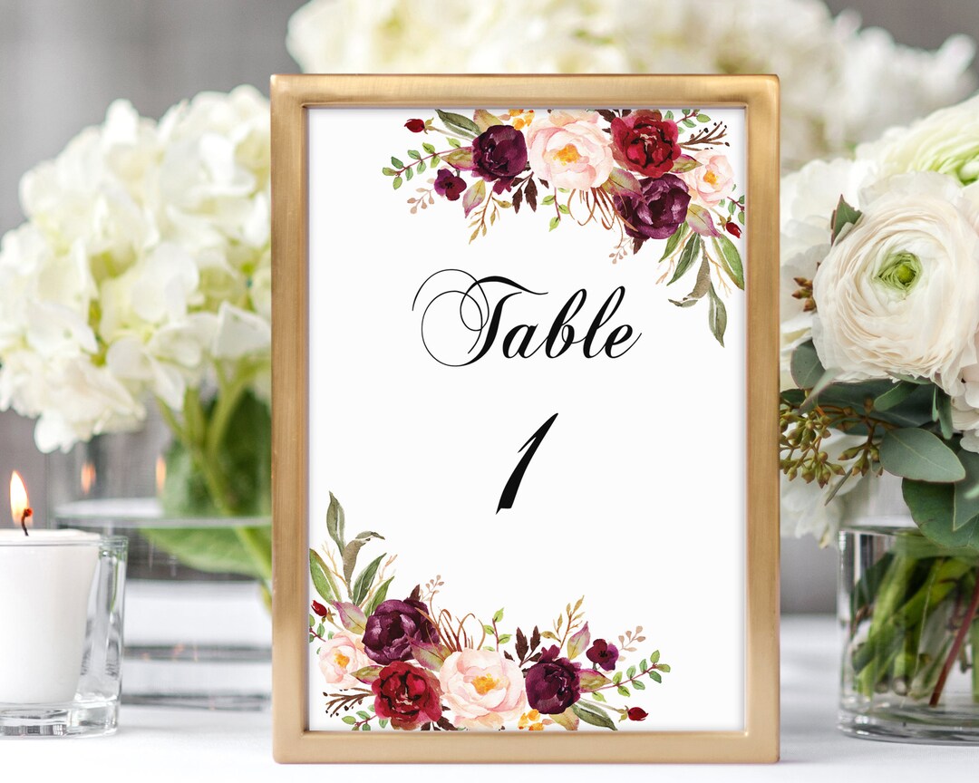 Table Numbers 1-40, Wedding Table Numbers, Table Number Cards, Marsala ...