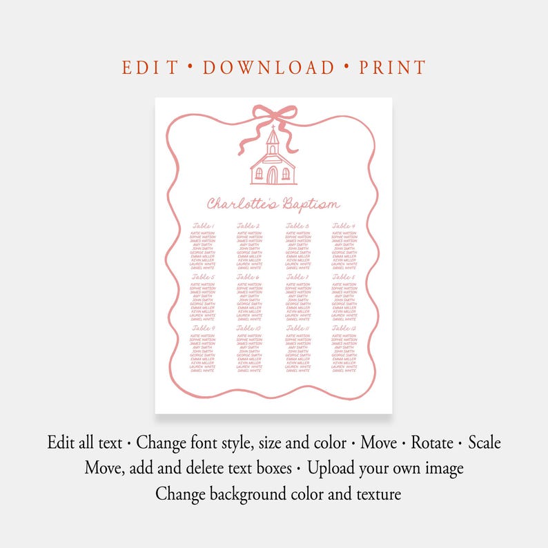 Hand Drawn Baptism Seating Chart Boy Editable Template Whimsical ...
