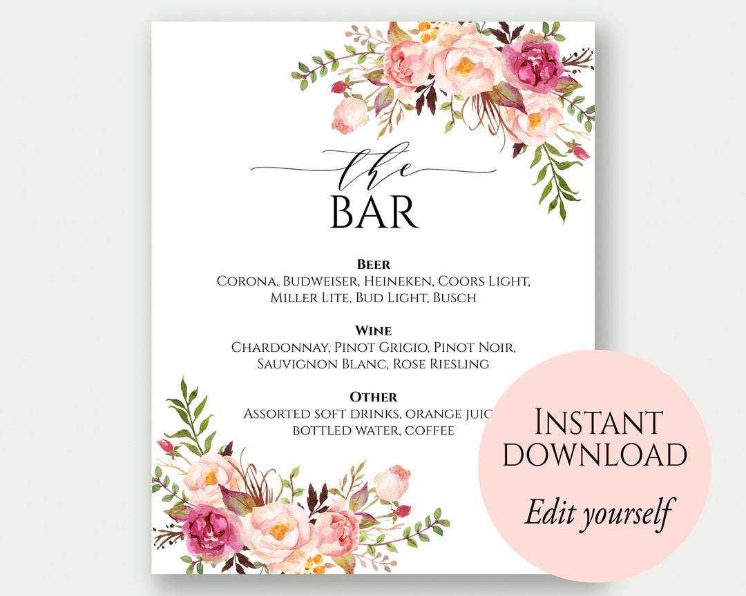 Bar Menu Sign the Bar Sign Bar Menu Printable (Instant Download) - Etsy