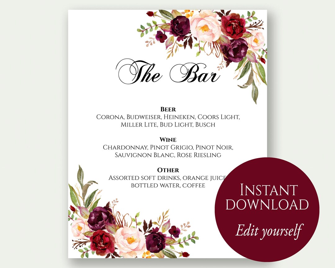 Bar Menu Sign, the Bar Sign, Bar Menu Printable, Drinks Sign, Bar Menu ...