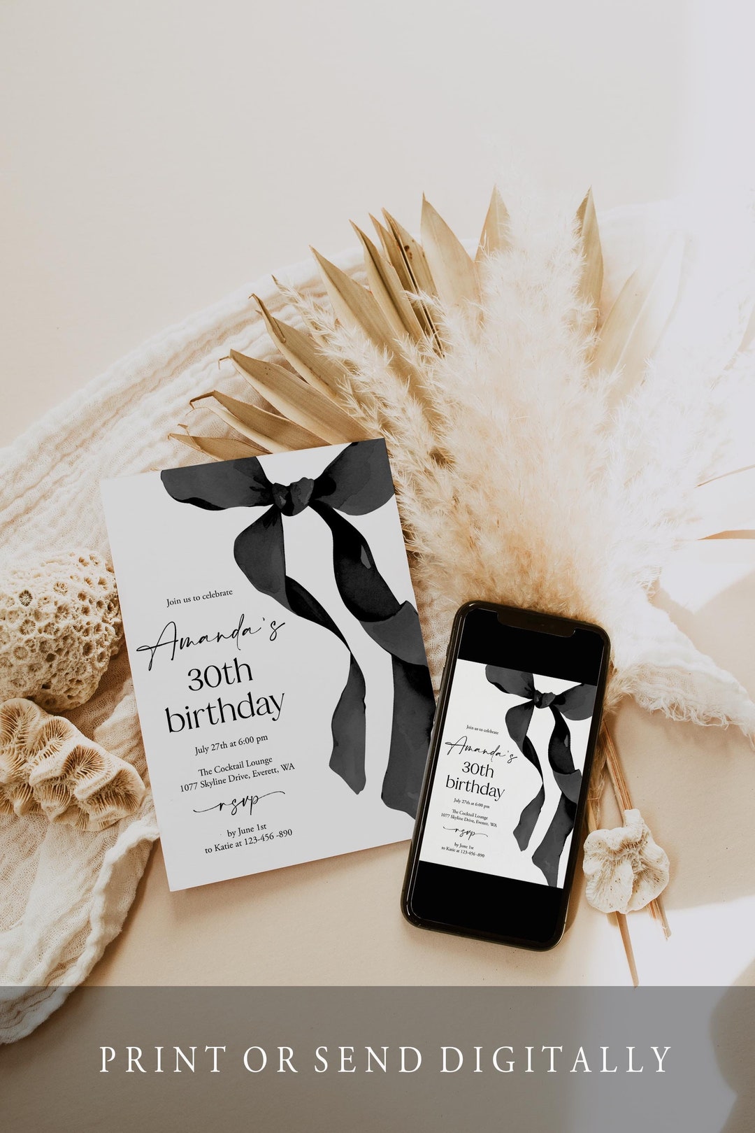 Editable Birthday Invitation Black Bow Birthday Invite Template DIY ...