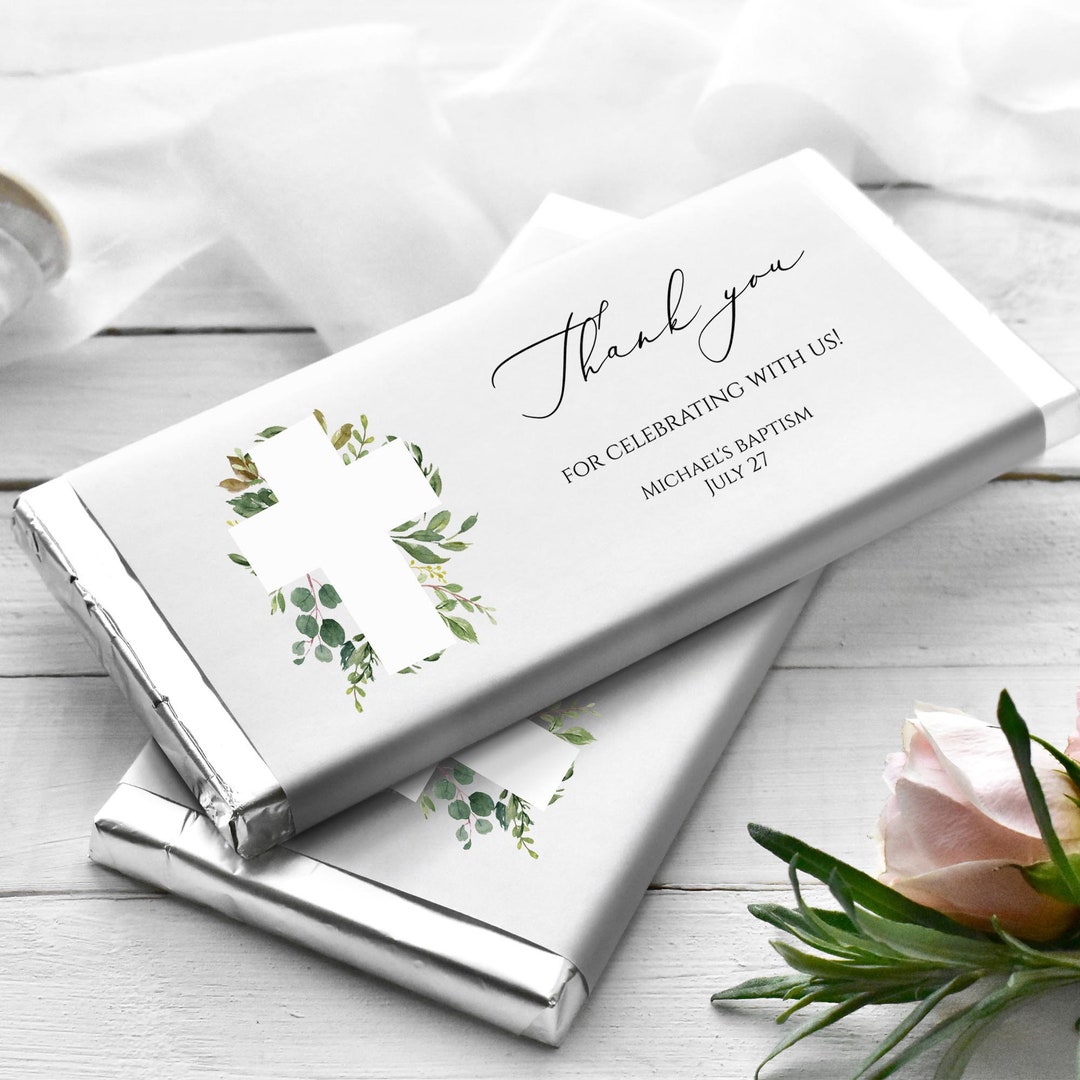 Chocolate Wrapper Template, Editable Boy Baptism Favor, Greenery ...
