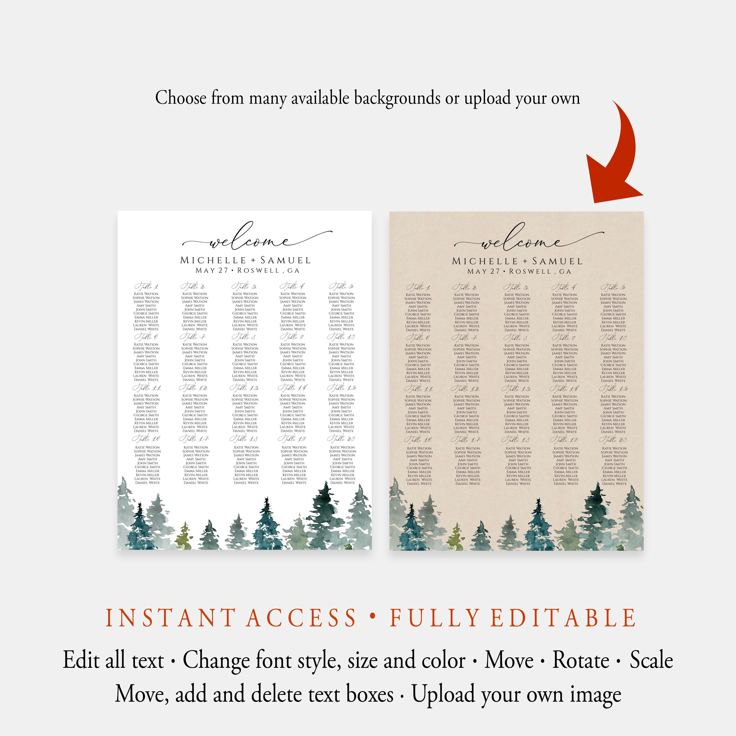 Forest Seating Chart Template Pine Tree Wedding Seating | Etsy