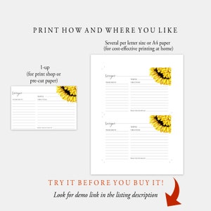 Sunflower Recipe Card Template, Instant Download, Printable Bridal ...