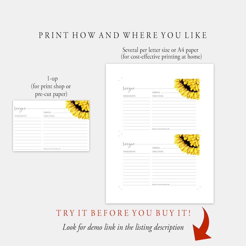 Sunflower Recipe Card Template Instant Download Printable - Etsy