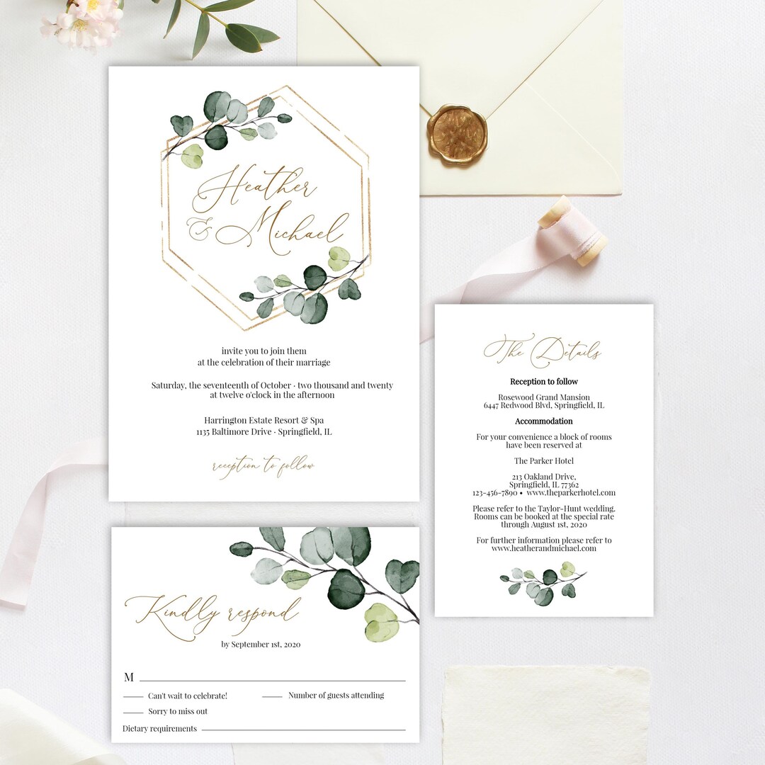 Greenery Wedding Invitation Template, Fully Editable Invitation Suite ...