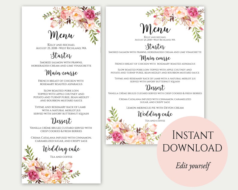 Wedding Menu Printable Wedding Menu Template Wedding Menu - Etsy