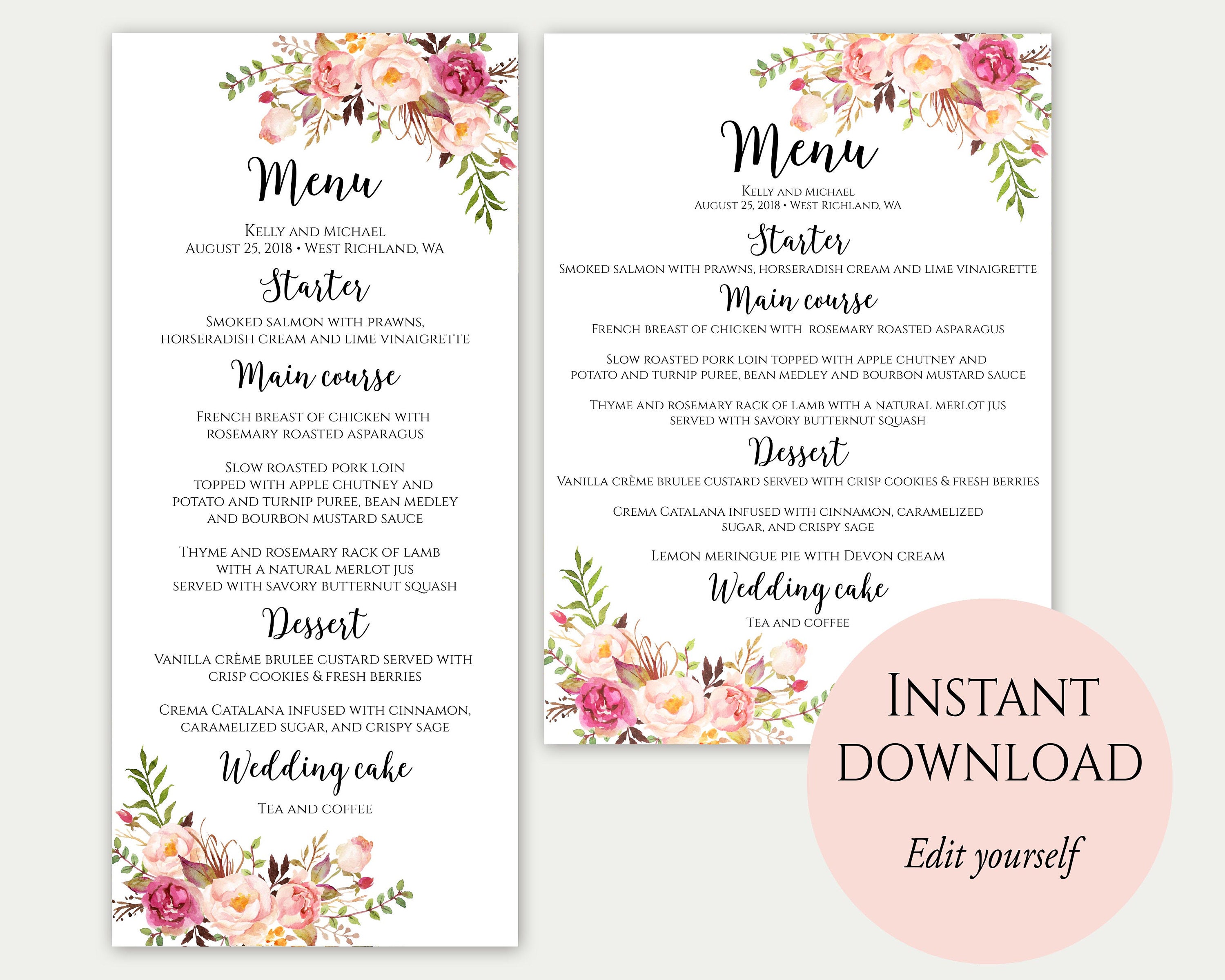 Wedding Menu Printable Wedding Menu Template Wedding Menu | Etsy