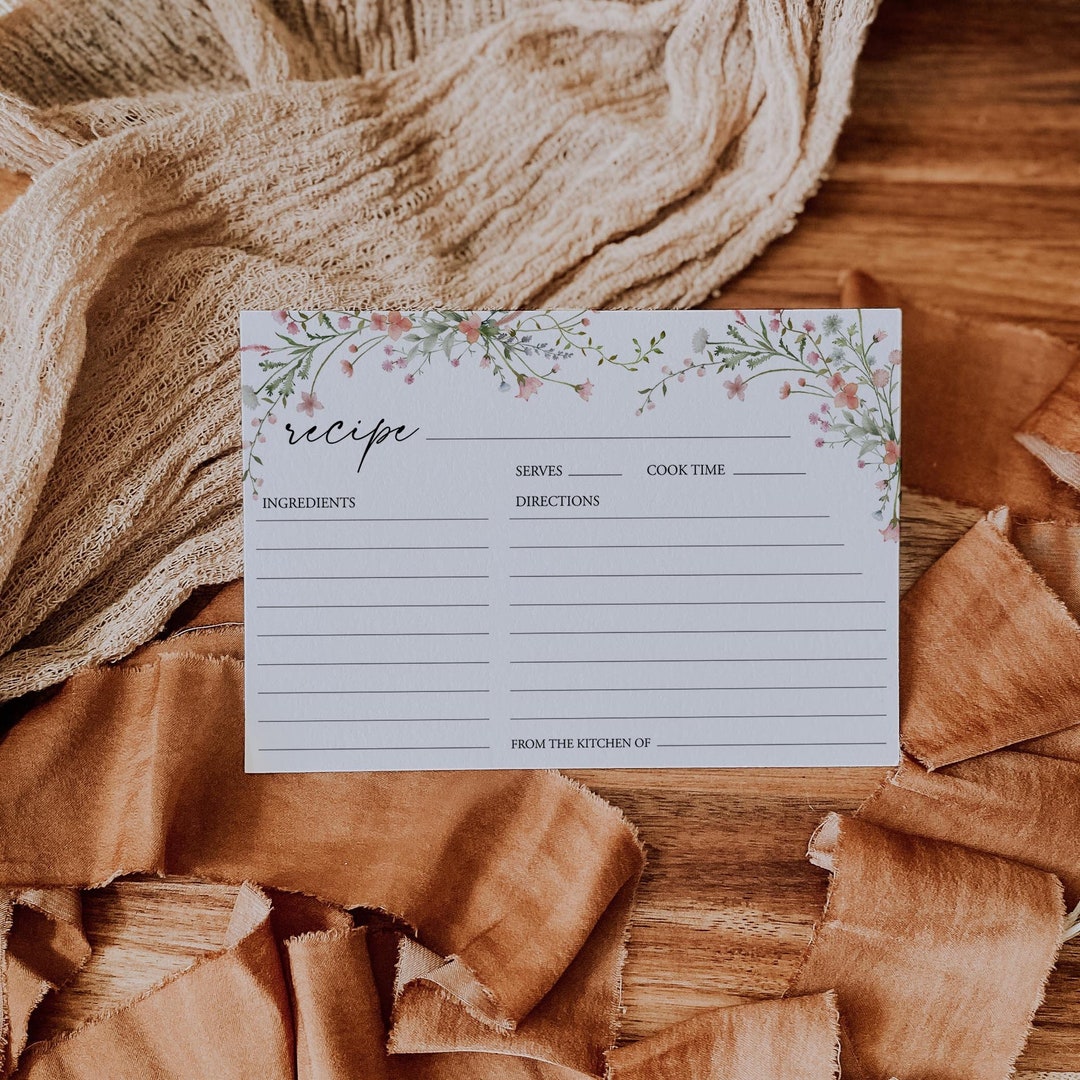 Wildflower Recipe Card Boho Recipe Card 4x6 Floral Recipe Card Bridal ...