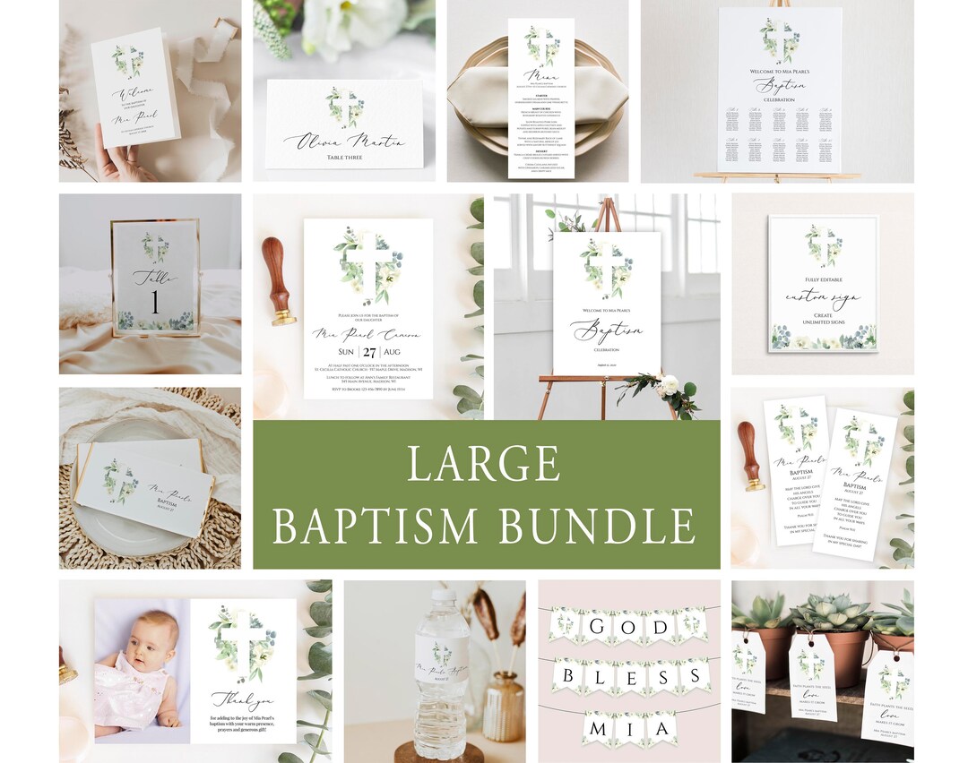 Greenery Baptism Bundle Boy Baptism Template Kit Girl Christening Bundle Printable Dedication ...
