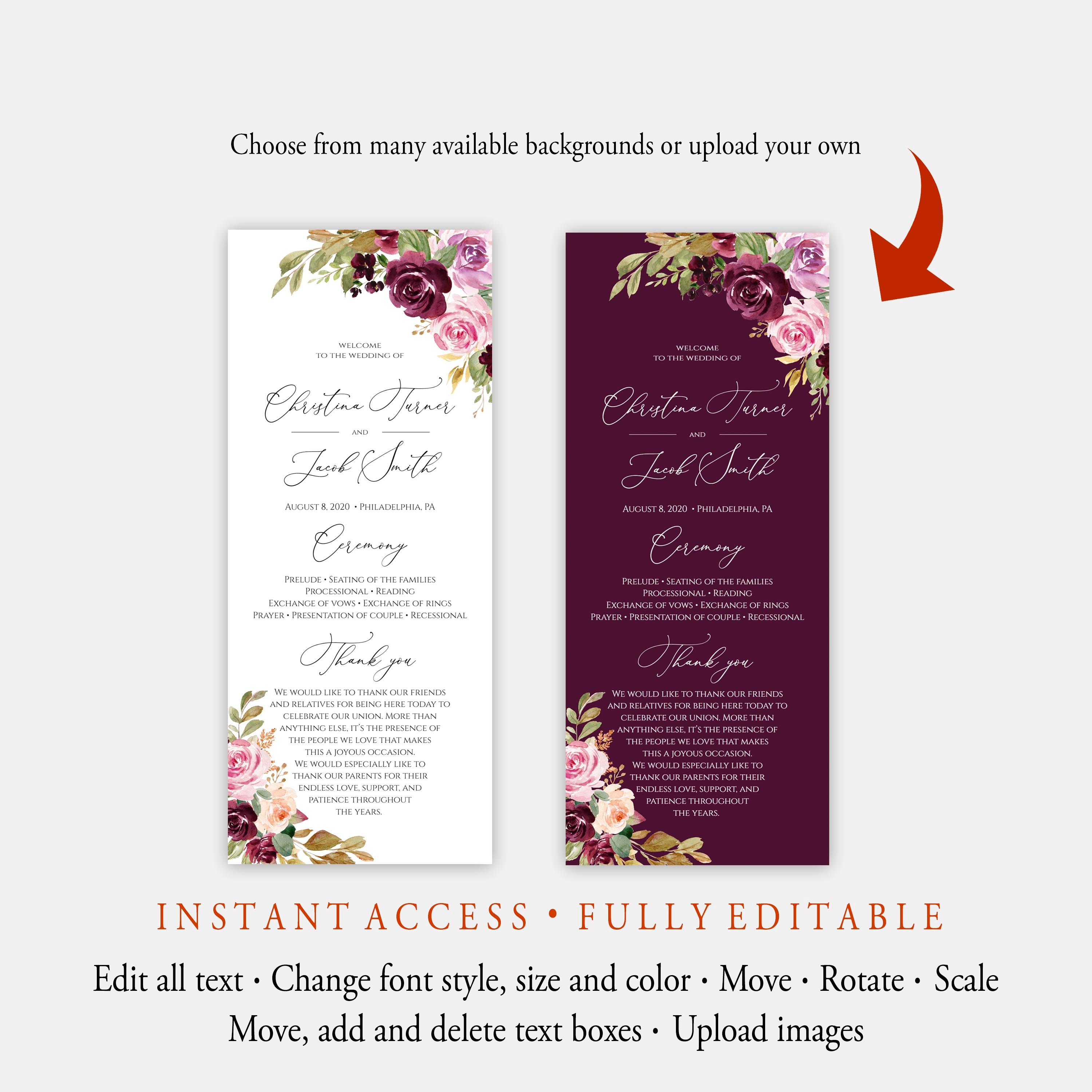Boho Wedding Program Template Fully Editable Printable | Etsy