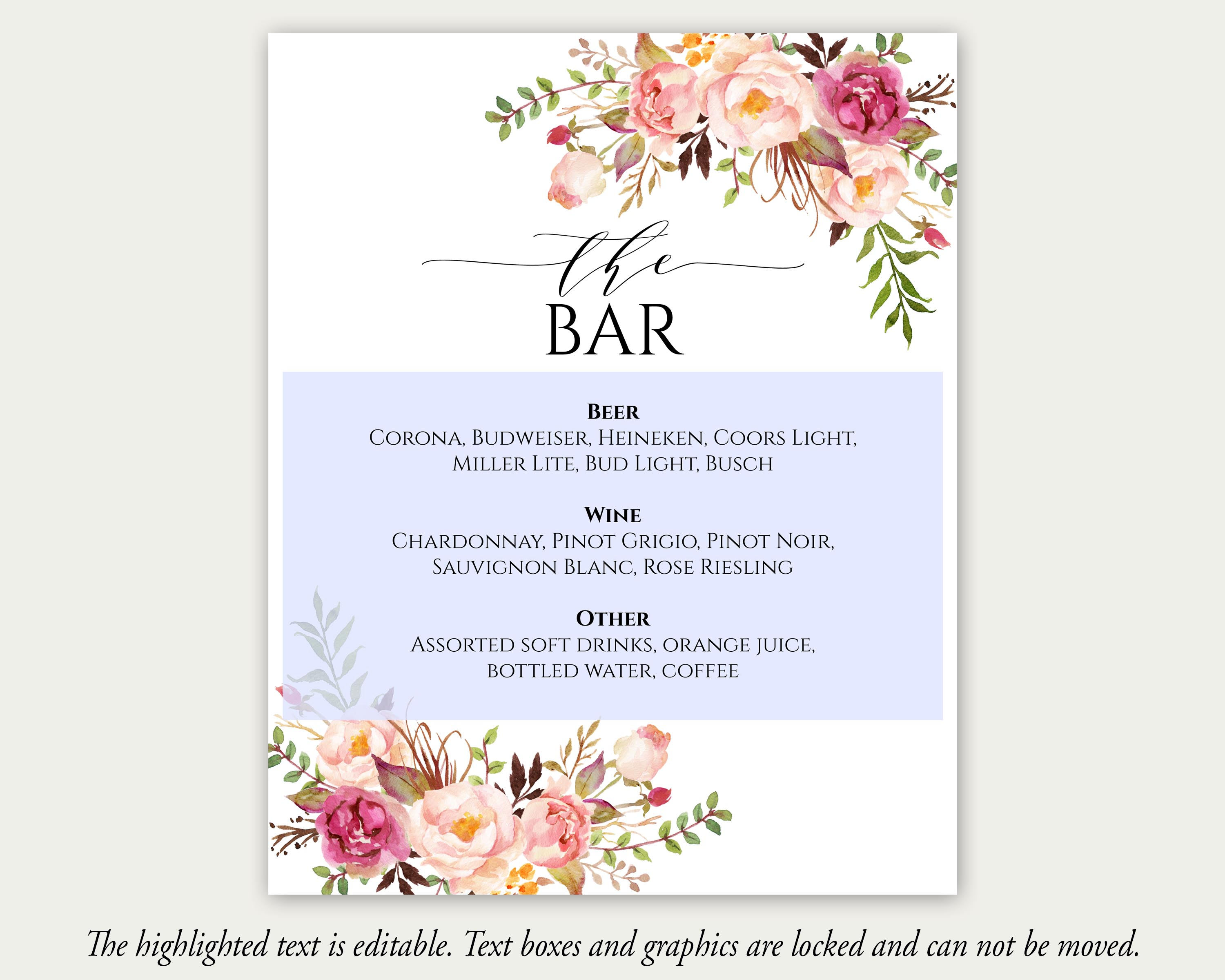 Bar Menu Sign the Bar Sign Bar Menu Printable Drinks Sign | Etsy