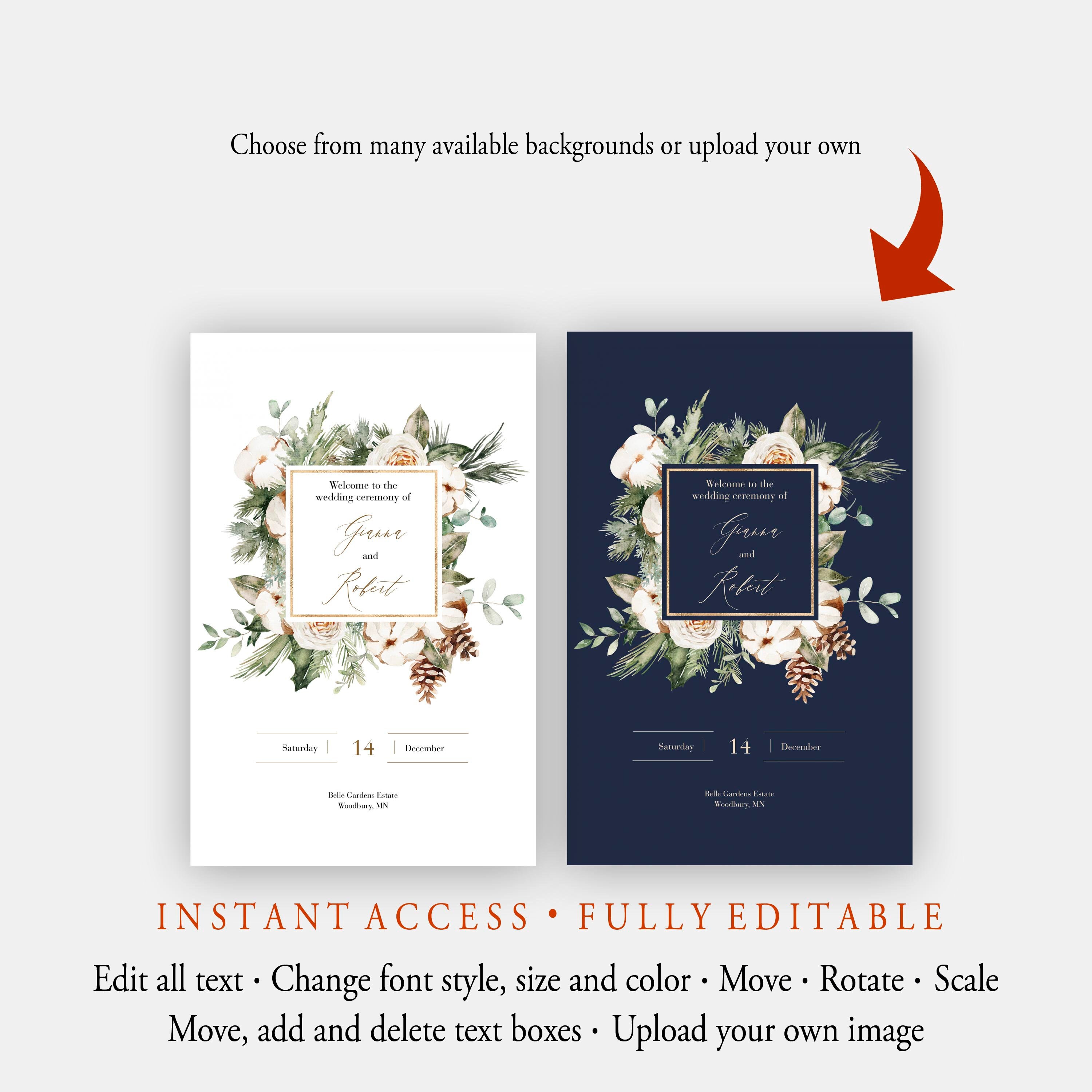 Winter Folded Wedding Program Template Editable Folded - Etsy