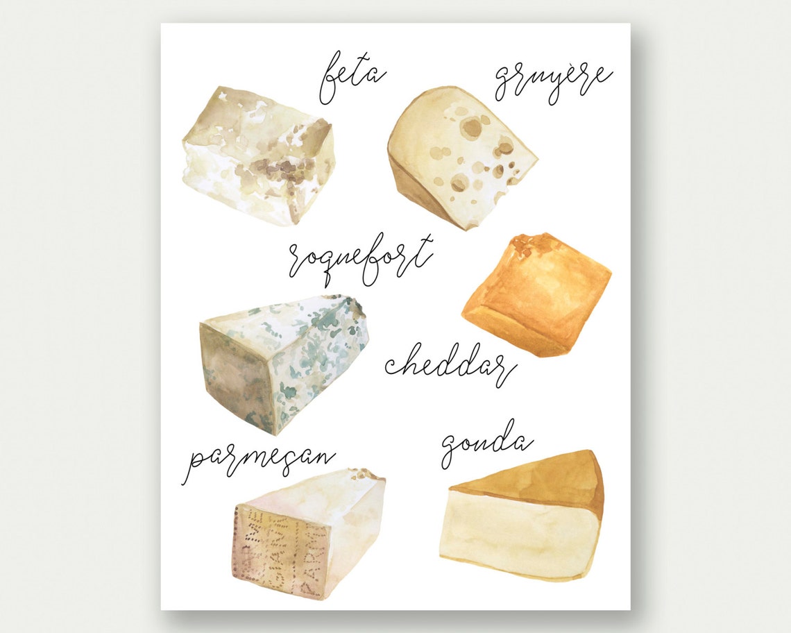Cheese Varieties Watercolor Cheese Print Cheese | Etsy