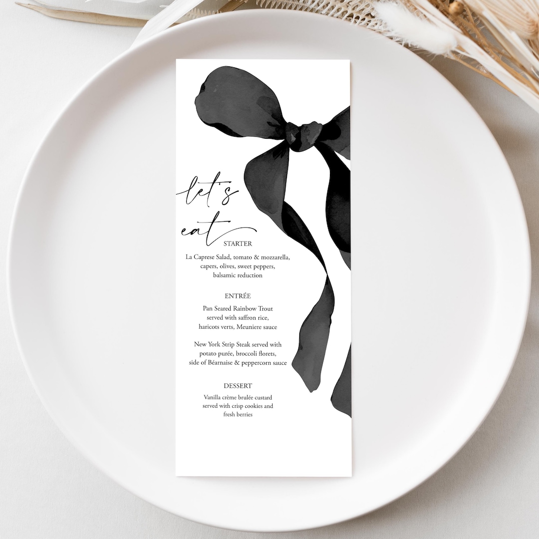 Bow Menu Template Ribbon Wedding Menu Card Black Bow Menu Slim Menu ...
