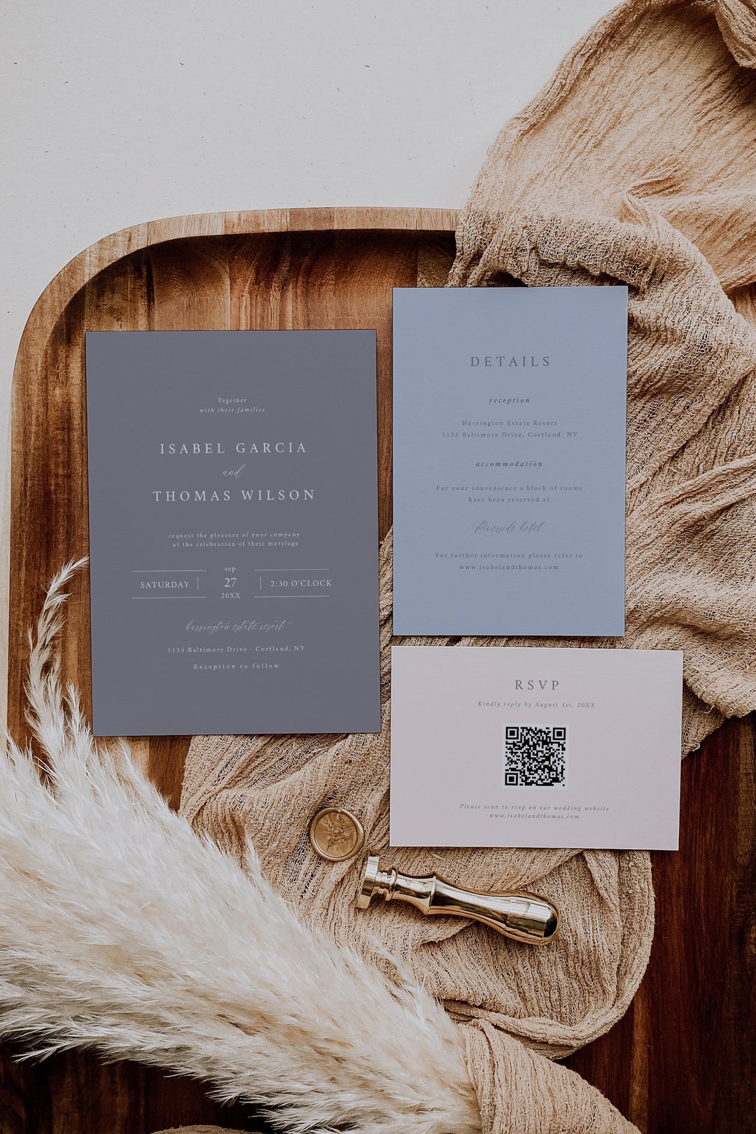 Steel Blue Wedding Invitation Set Dusk and Slate Blue Wedding ...