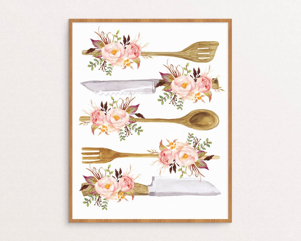 Kitchen Utensils Print Floral Kitchen Utensils Floral | Etsy