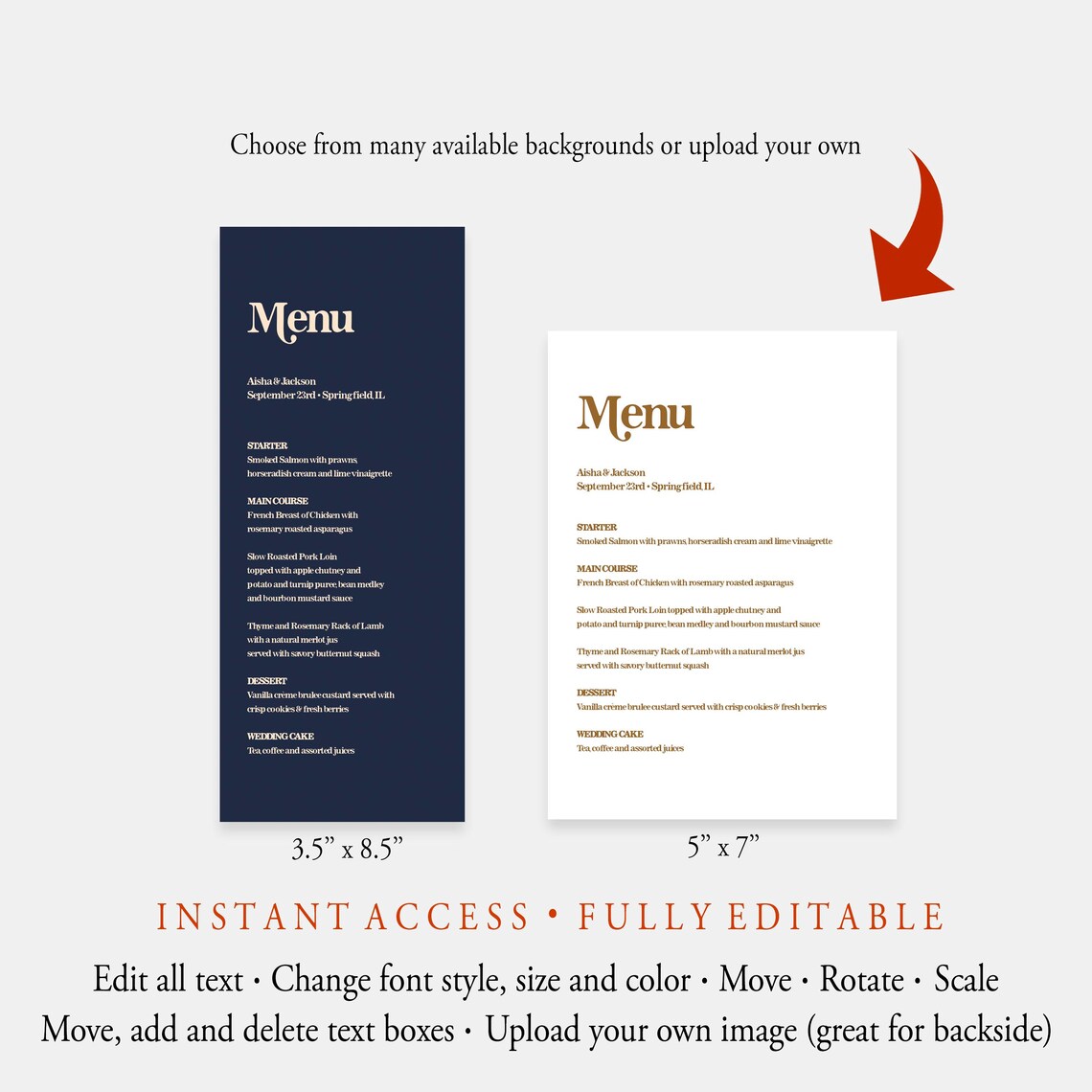 Navy Menu Template Printable Wedding Menu Cards DIY Editable - Etsy