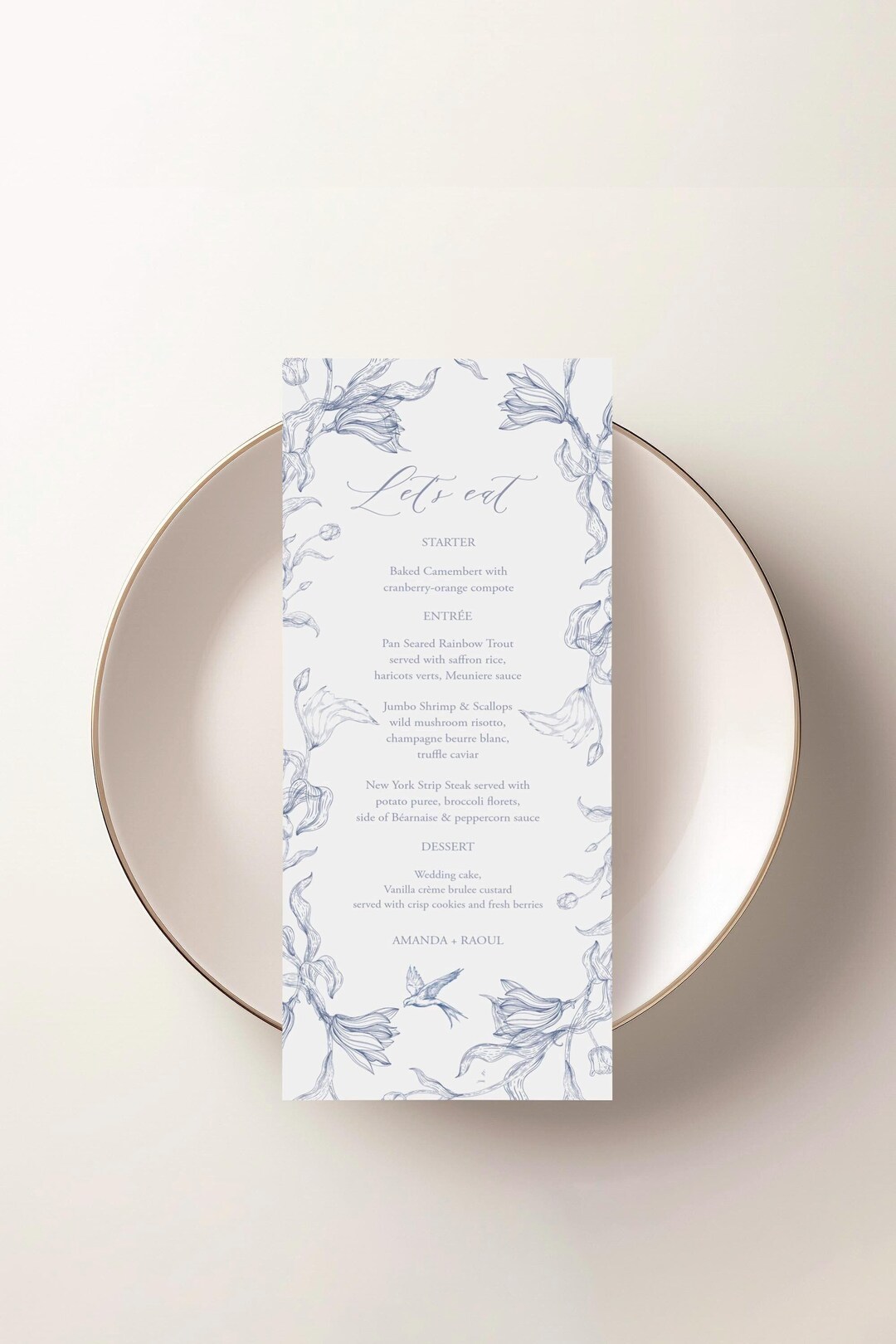 French Toile Menu Dusty Blue Wedding Menu Template Chinoiserie Menu ...