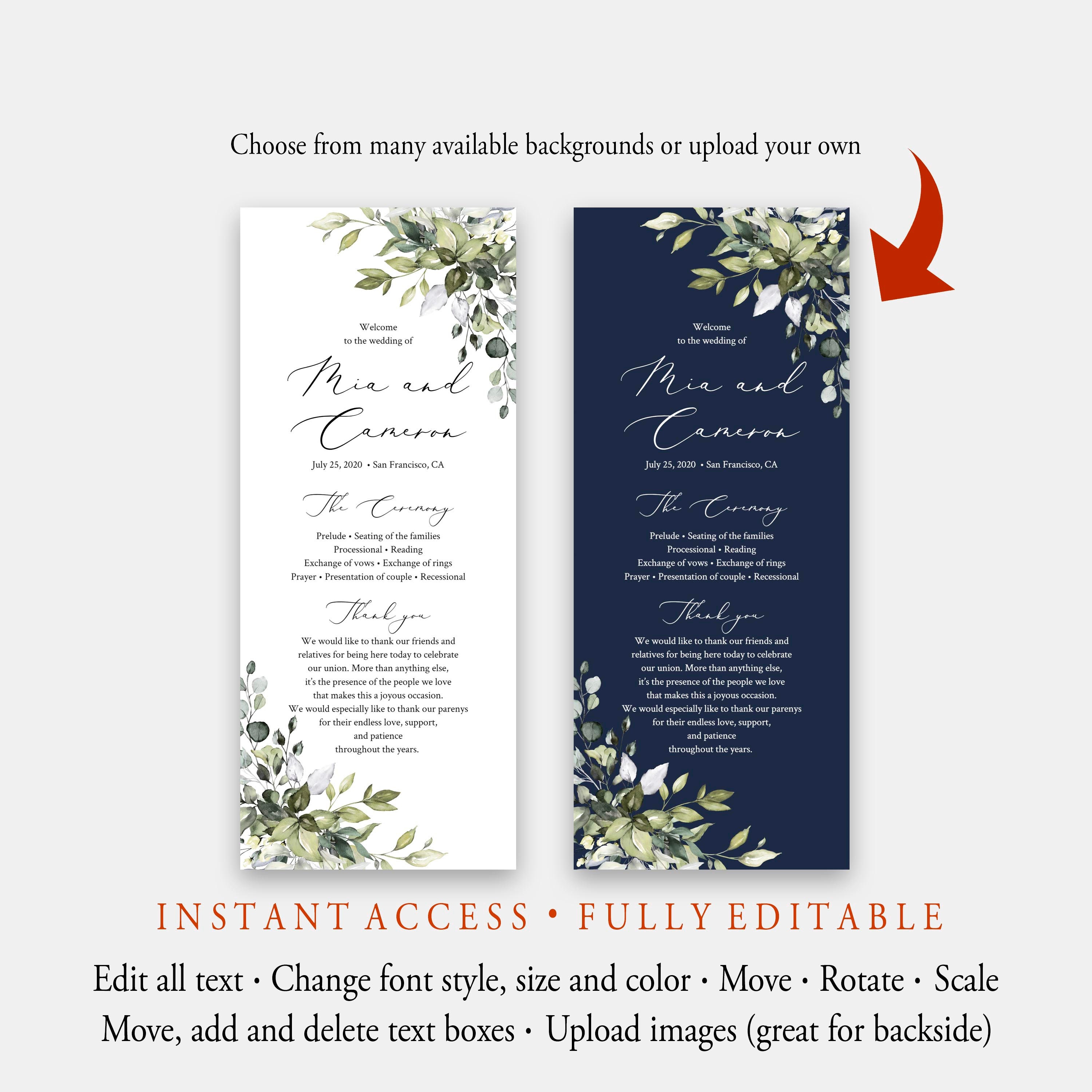 Wedding Program Template Fully Editable Printable Ceremony | Etsy