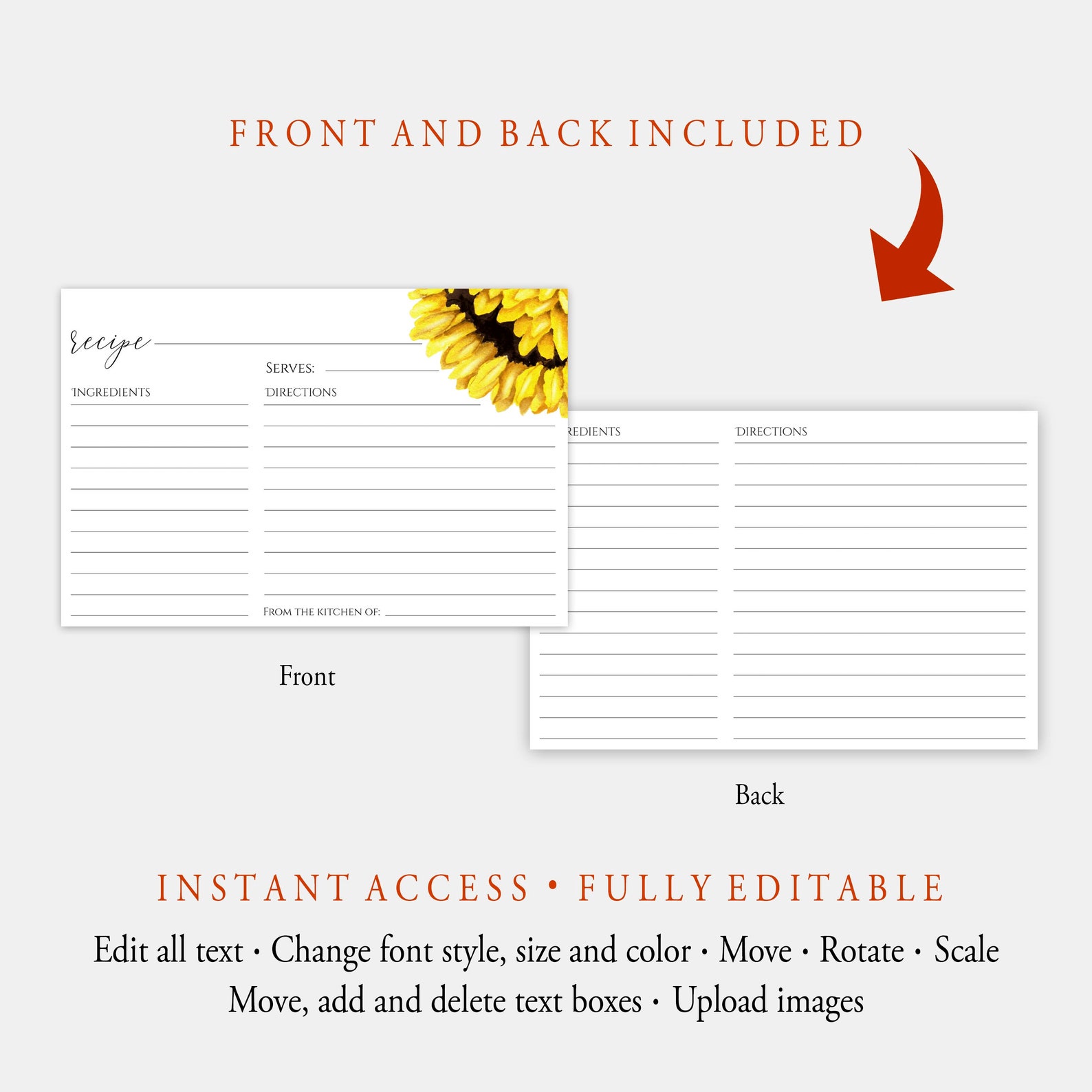 Sunflower Recipe Card Template Instant Download Printable - Etsy
