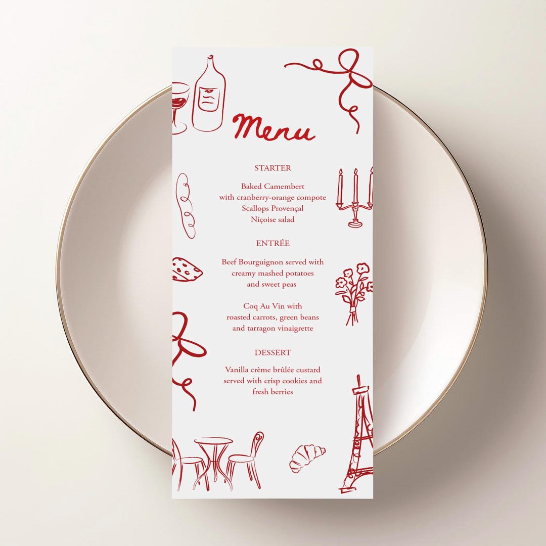 French Themed Menu French Menu Card Whimsical Doodle Menu Paris ...