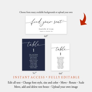 Modern Seating Chart Template, Editable Script Seating Cards Basic ...