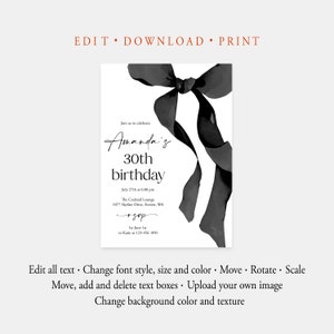 Editable Birthday Invitation Black Bow Birthday Invite Template DIY ...