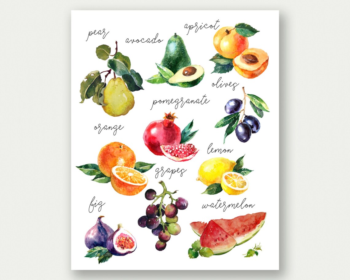 Fruit Print Watercolor Fruit Poster Watercolor Kitchen Art | Etsy