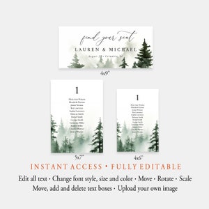 Pine Tree Seating Chart Forest Seating Card Editable Mountain Wedding ...