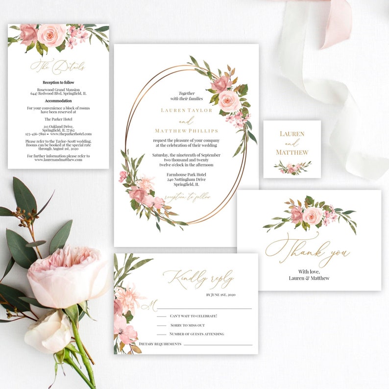 Blush and Gold Wedding Invitation Template 100% Editable - Etsy