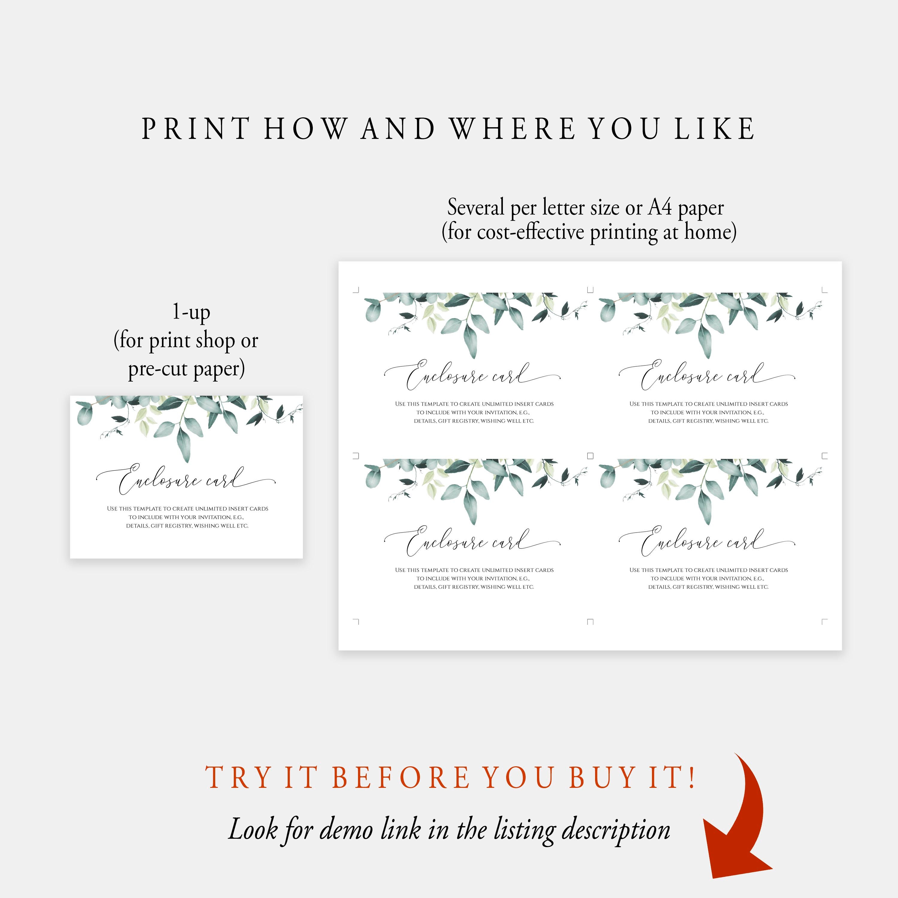 Eucalyptus Custom Enclosure Card Template, Printable Wedding Invitation ...
