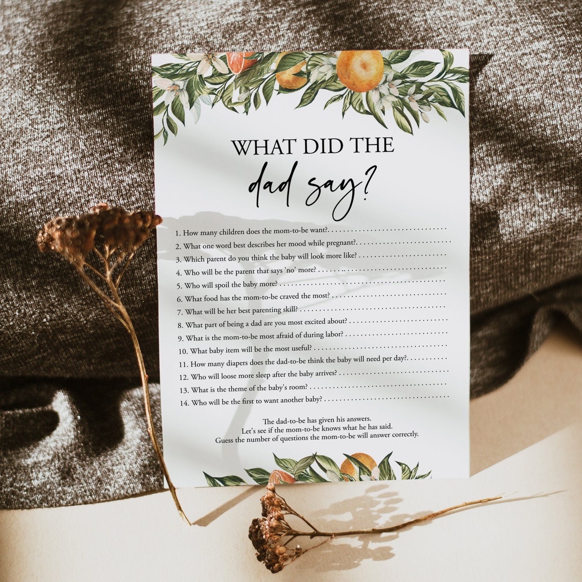 Orange What Did the Dad Say Game Template, Citrus Baby Shower Game ...