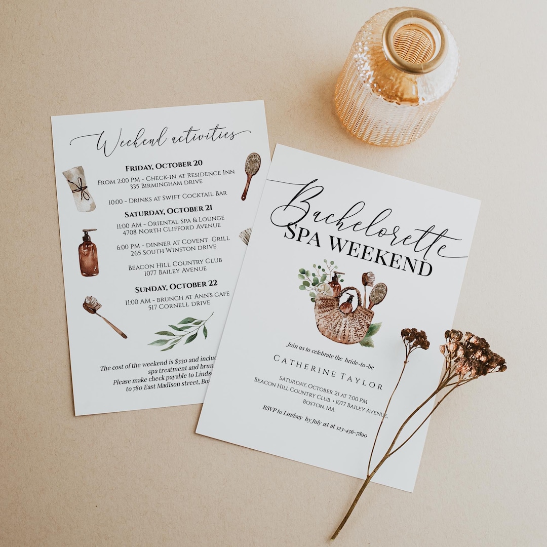 Bachelorette Spa Weekend Invitation With Itinerary, Printable Spa ...