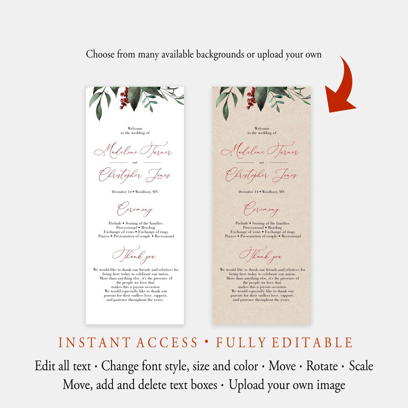 Winter Wedding Program Template Editable Printable Ceremony - Etsy