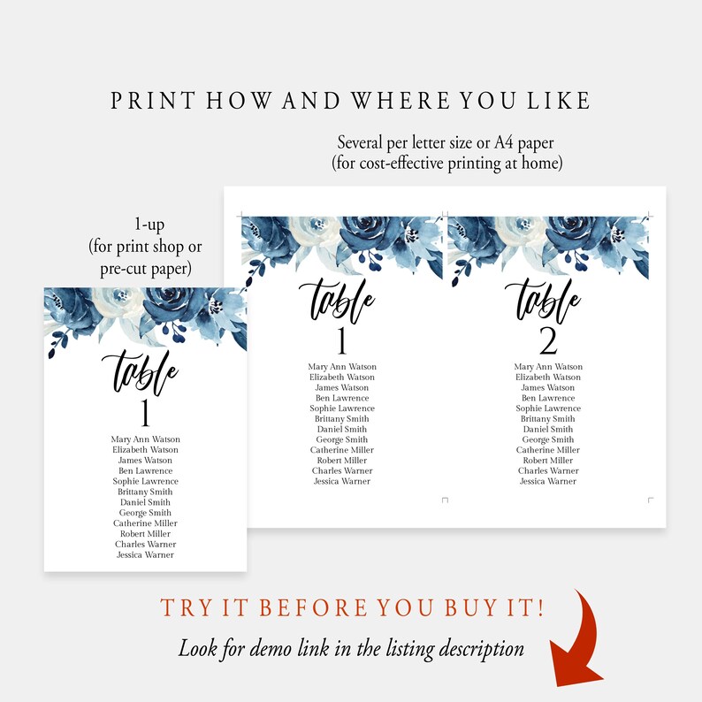 Blue and Silver Seating Chart Template Editable Seating - Etsy