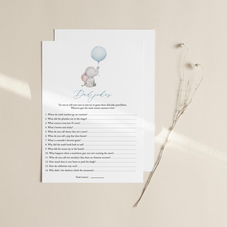 Elephant Dad Jokes Baby Shower Game Template Blue Balloon Dad - Etsy