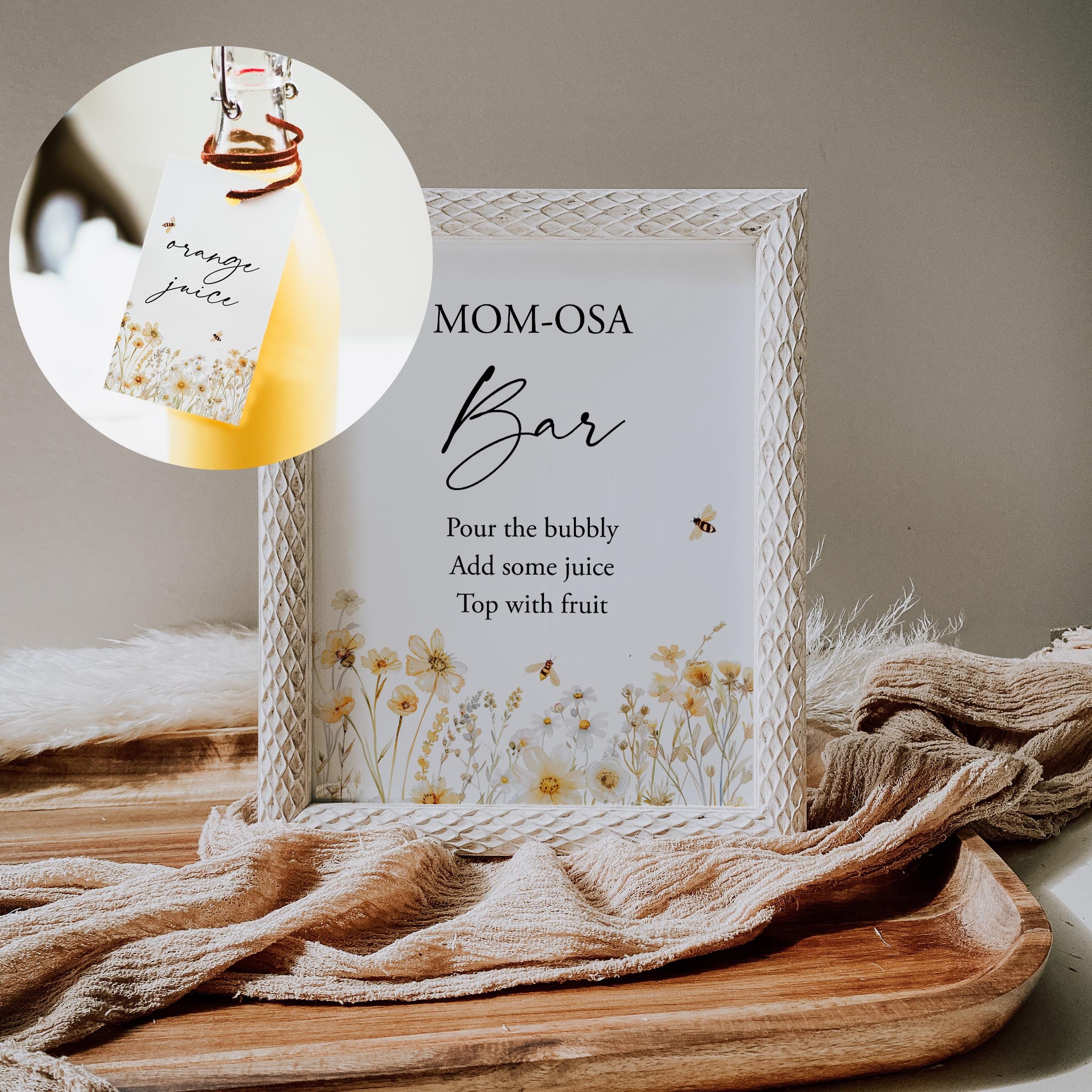 Momosa Bar Sign and Tag Template Wildflower Baby Shower Momosa Sign Bee ...