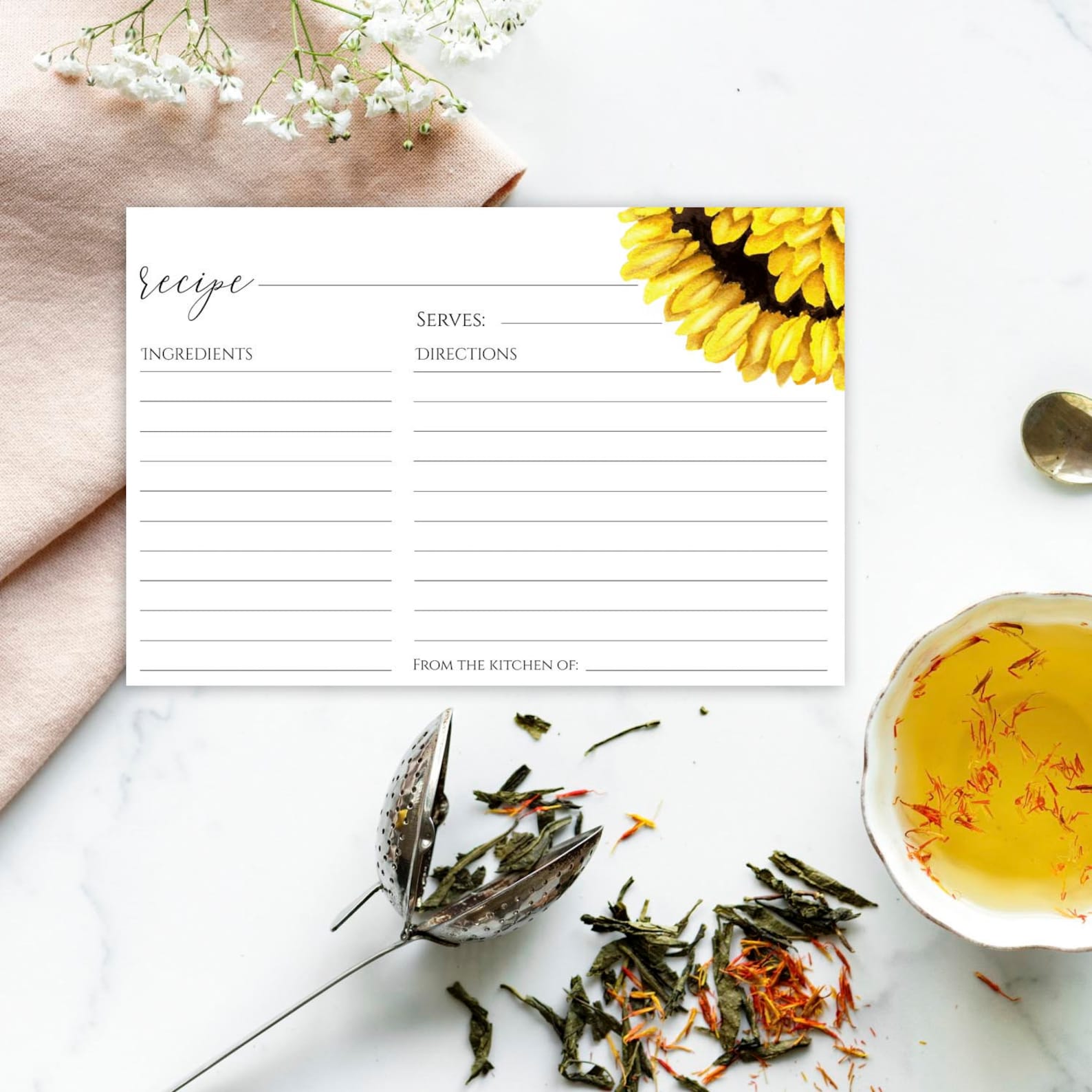 Sunflower Recipe Card Template Instant Download Printable - Etsy