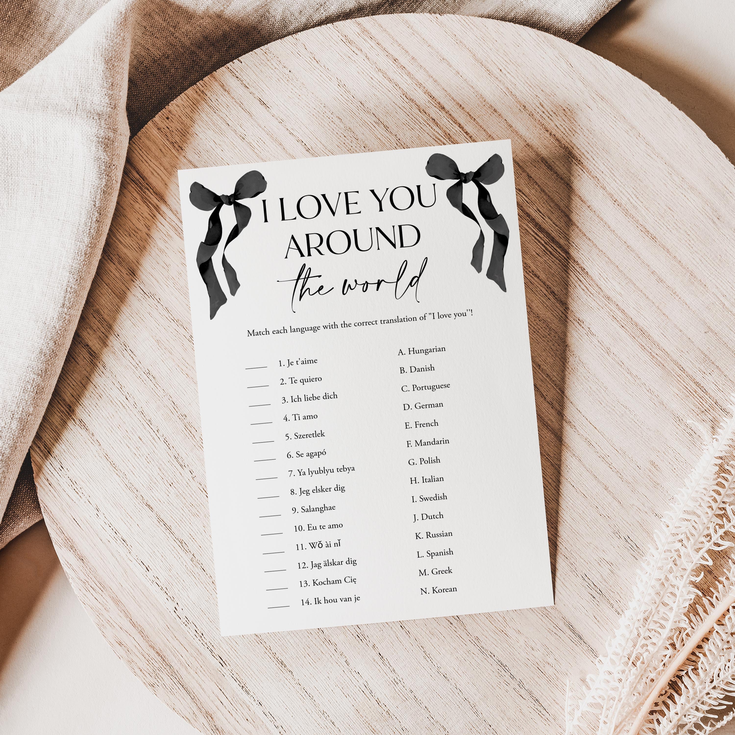 I Love You Around the World Game Black Bow Bridal Shower Game Ribbon I ...