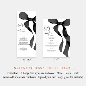 Bow Menu Template Ribbon Wedding Menu Card Black Bow Menu Slim Menu ...