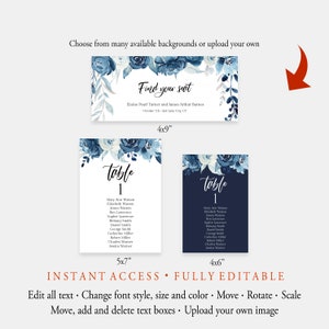 Blue and Silver Seating Chart Template, Editable Seating Cards, Seating ...