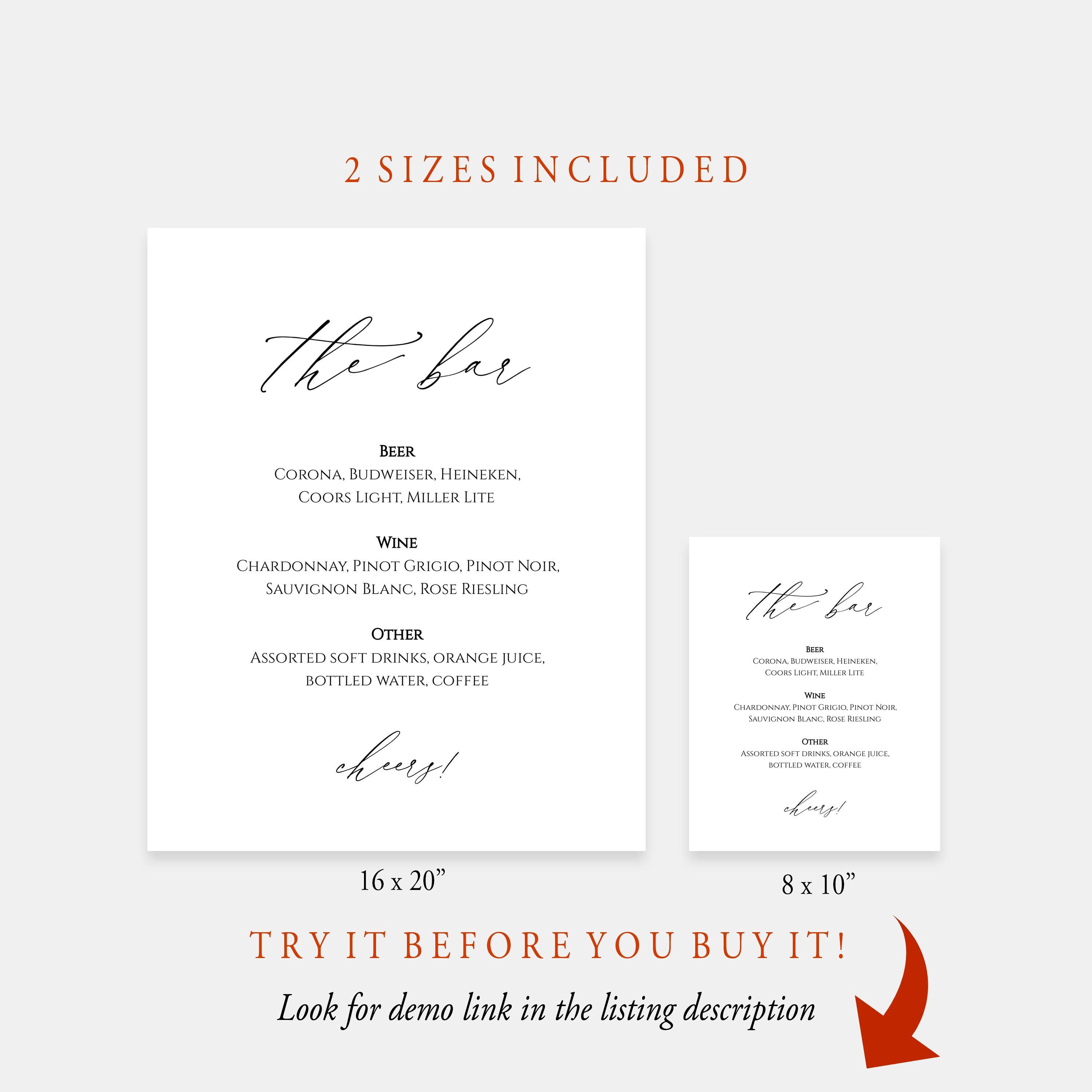 Classic Bar Menu Sign Template Instant Download The Bar | Etsy