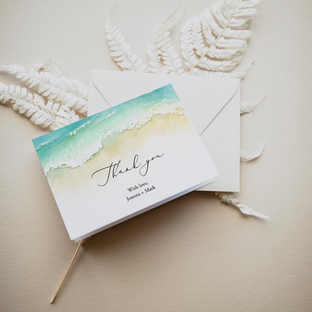 Beach Thank You Card Template, Printable Ocean Wedding Thank You Note ...