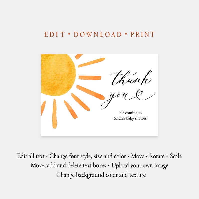 Sun Thank You Card Template Editable Thank You Note First - Etsy