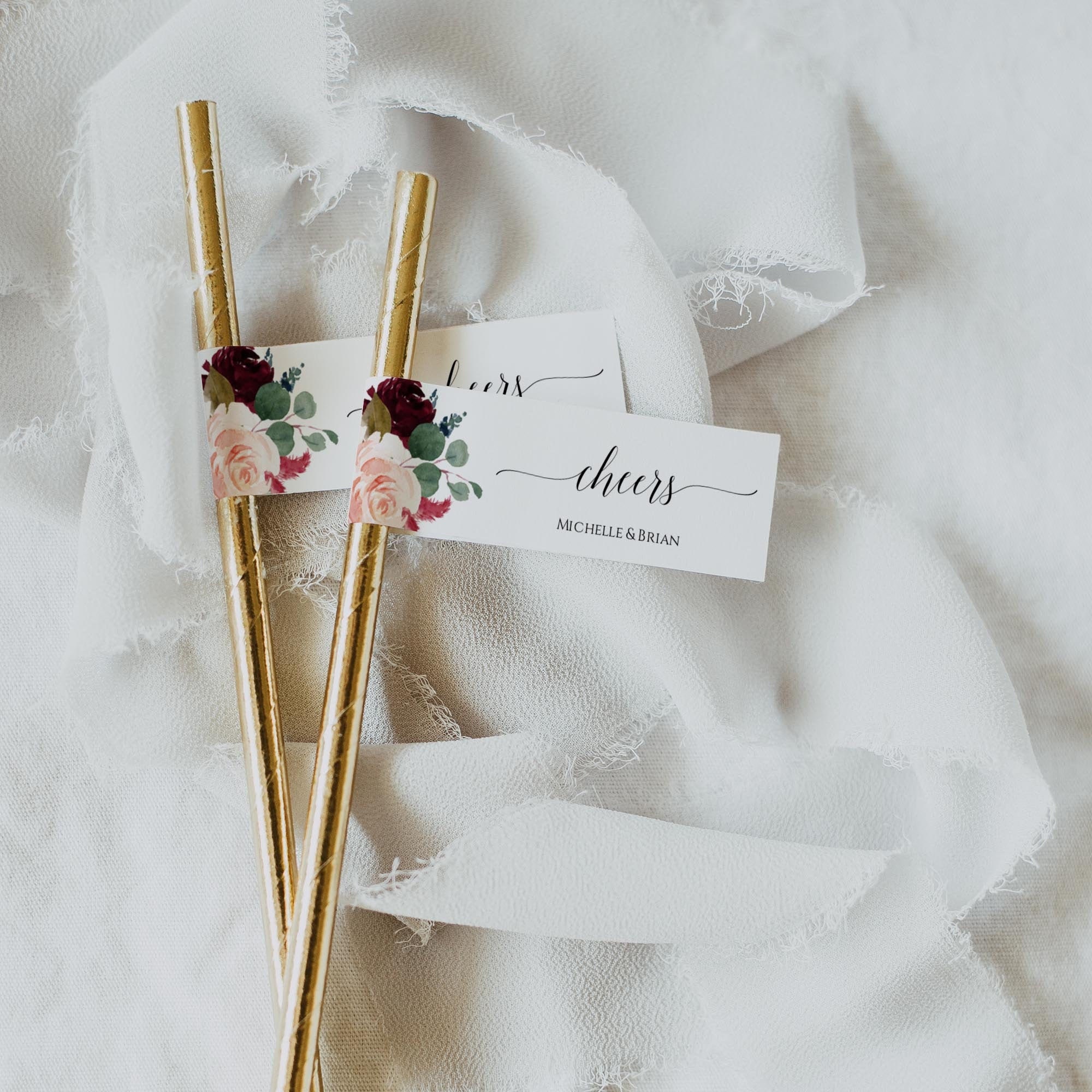 Burgundy Straw Tag Template Editable Wedding Favor Straw - Etsy