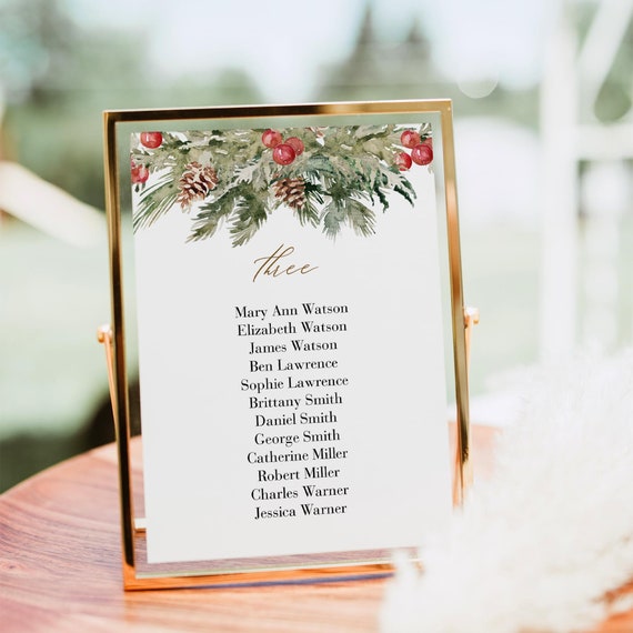 Greenery Pine Cone Seating Templett C62 Editable Holiday Seating Cards ...